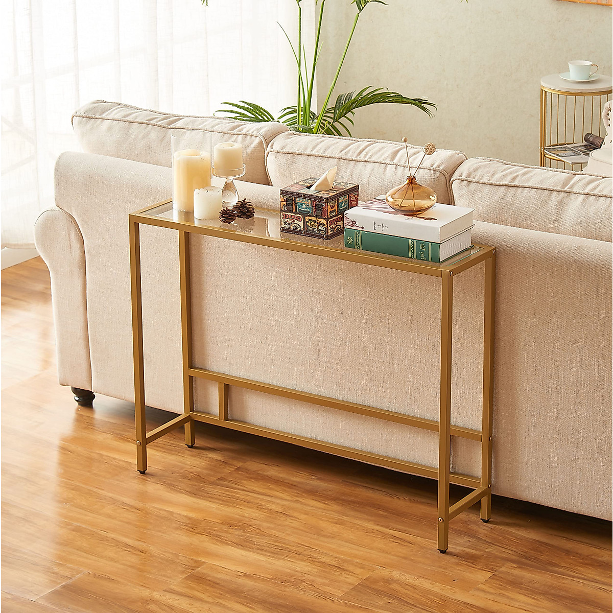 MAJARO Small Modern Console Table for Entryway, Tempered Glass with Golden Metal Frame Sofa Table for Living Room, Hallway, Office