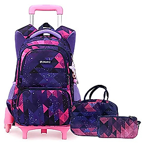 Diamond,Geometric 3Pcs Kids Rolling Backpack Set Wheeled Elementary School Bag Trolley Bookbag for Boys