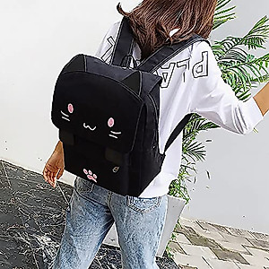 Black/Pink College Preppy Backpack Cute Cat Embroidery Canvas School Backpack Bags for Kids Lightweight Travel Kitty Rucksack
