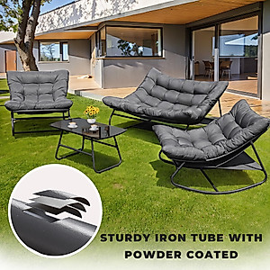 jamege 4 Pieces Patio Furniture Set with Rocking Chairs, Outdoor Patio Metal Loveseat Conversation Set with Cushions, Oversized Rocker Chair, Coffee Table for Porch, Garden, Backyard, Indoor