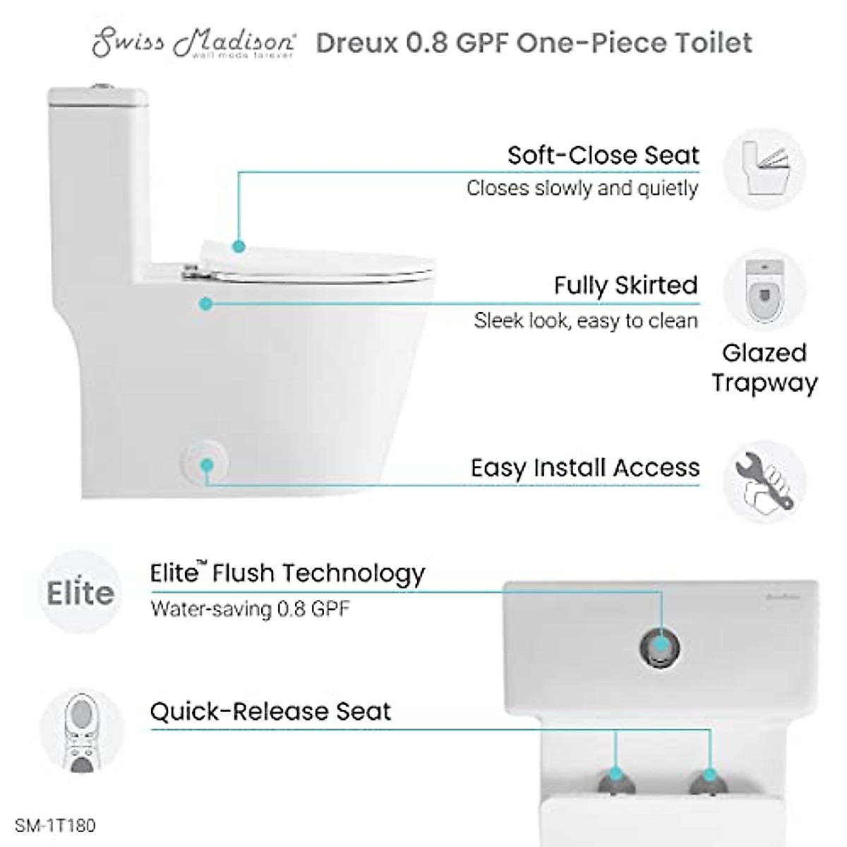 Swiss Madison Well Made Forever SM-1T180, Dreux High Efficiency One Piece Elongated Toilet with 0.8 GPF Water Saving Patented Technology