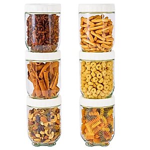 Hoa Kinh Glass Food Storage Jars with Lids, 20oz 6Pack Leak Proof Small Stackable Glass Jars Kitchen Canisters for Overnight Oats, Cereal, Clear Empty Glass Jars with Lids for Kitchen(White 6Pack)