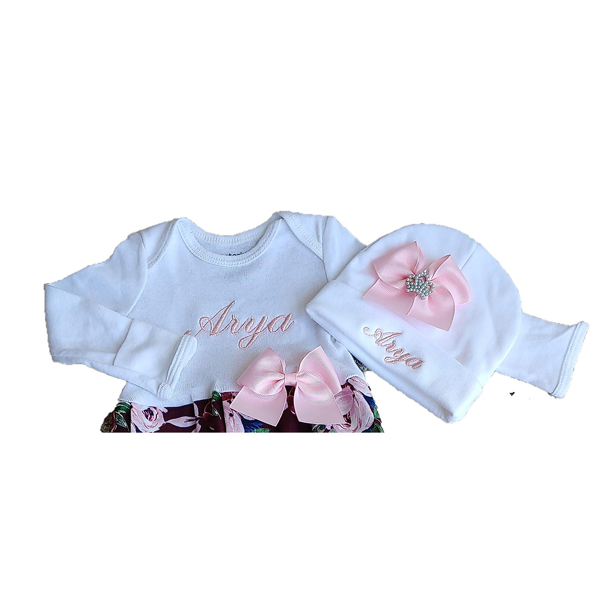 Theposhlayette Newborn Baby Girl Coming Home Outfit Personalized Floral Layette Gown with Beanie Baby Girl Shower Gifts (0 to 3 months)