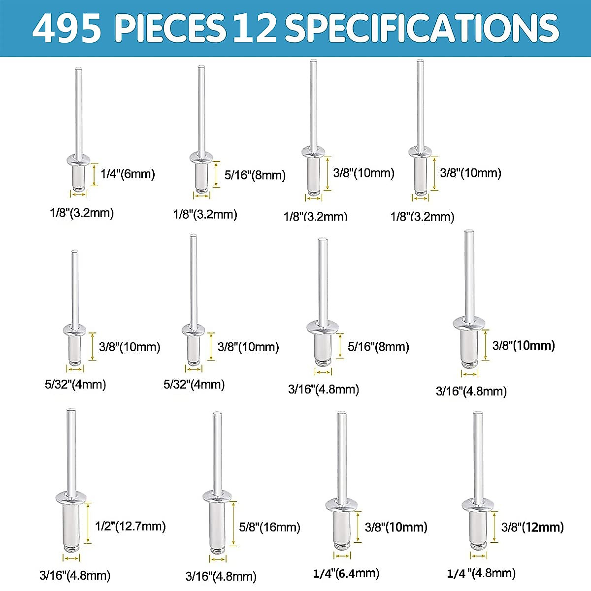 495Pcs Pop Rivets Assortment Kit，Pop Rivets Blind Rivets for Metal Assortment Kit 12 Values