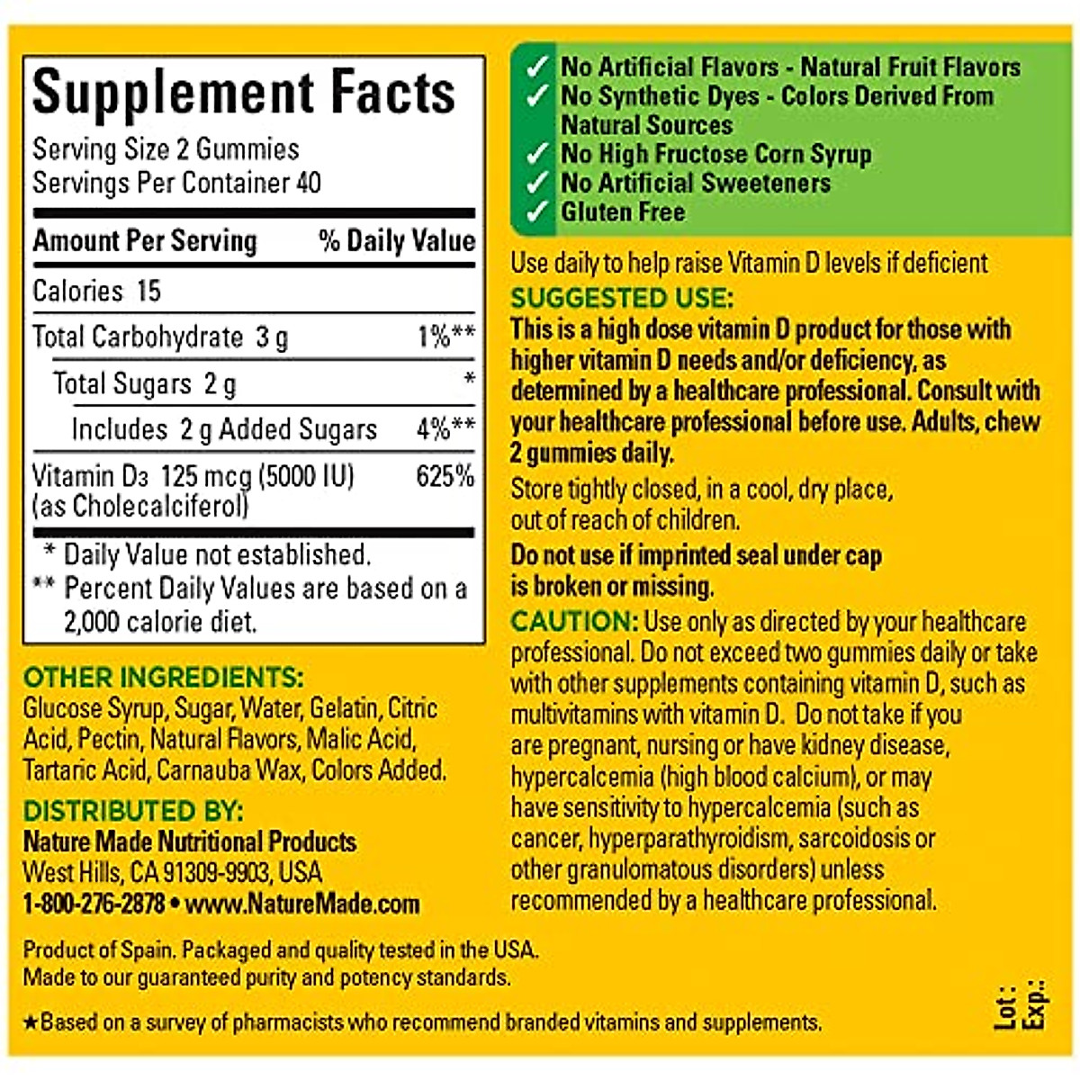Nature Made Extra Strength Vitamin D3 5000 IU (125 mcg) per serving, Dietary Supplement for Bone, Teeth, Muscle and Immune Health Support, 80 Gummies, 40 Day Supply