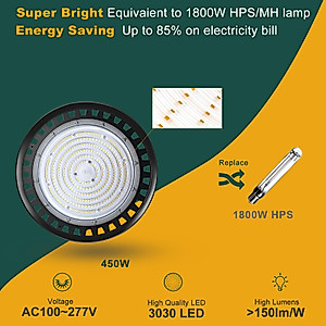 450W LED High Bay Light 67500lm High Bay LED Lights, 5000K High Bay LED Shop Lights with US Plug, AC100-277V Commercial UFO LED Light for 30-55FT Height