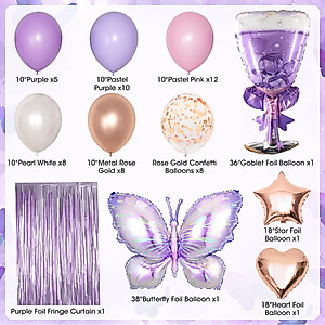 Purple Pink Birthday Party Decorations for Women Girls, Butterfly Confetti Rose Gold Lavender Balloons Happy Birthday Banner Fringe Curtains Hanging Swirls Circle Dots Tassels Pom 30th 40th 50th Her