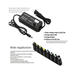 Universal Adjustable AC/DC Switching Power Adapter,AC to DC Power Supply Adapter 3-12v 5A Switching Adjustable Output with Multiple Tips,Black
