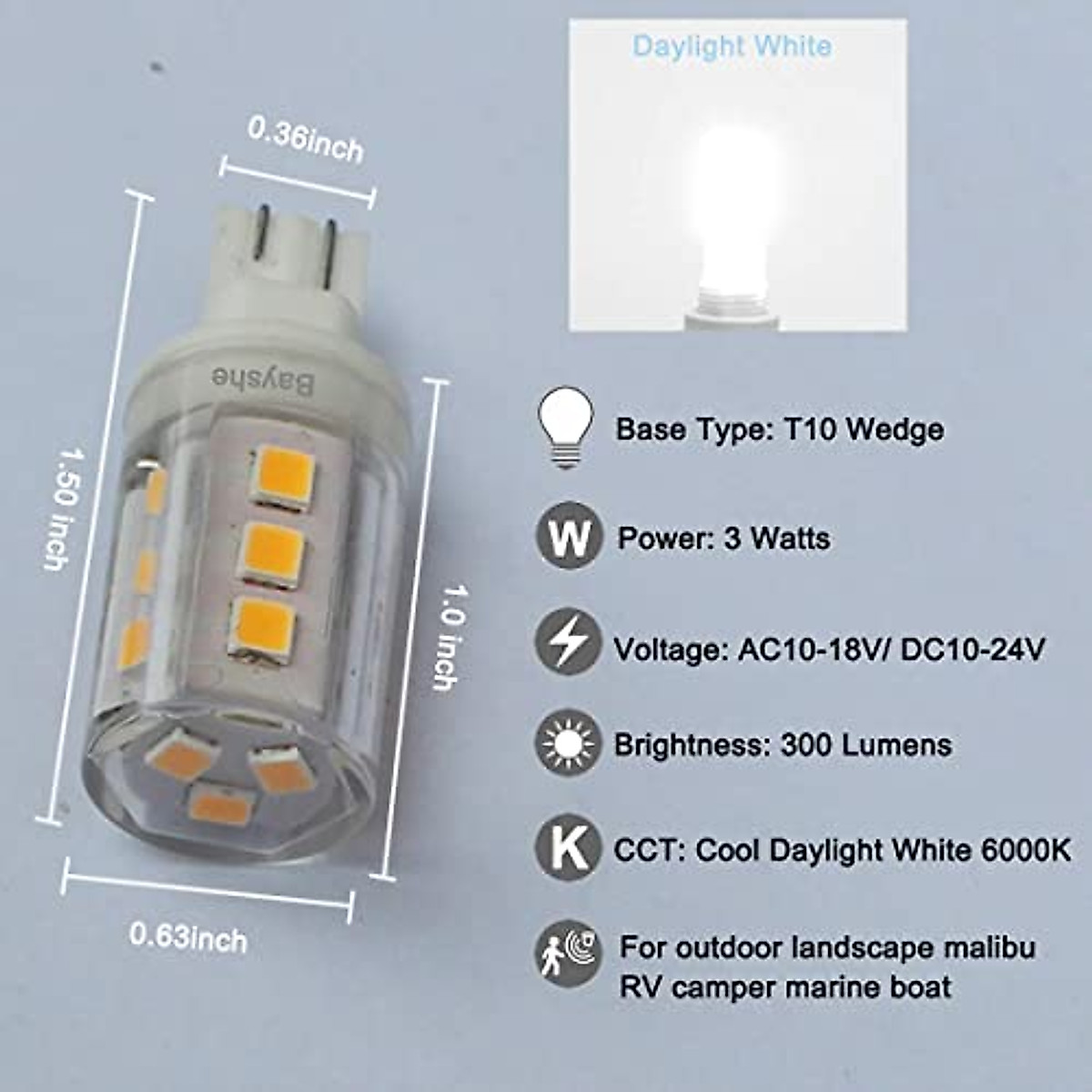 BAYSHE T10 Wedge Base LED Light Bulb 3watt Equivalent to 30W Halogen 12VAC/DC for Camper RV Tailer Outdoor Landscape Patio Path Driveway Malibu Lighting(6000K Daylight White)-8 Pack