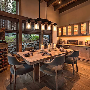 Dining Room Light Fixture/Chandelier Over Table,5-Light Kitchen Island Lighting Hanging for Farmhouse Linear Chandeliers Matte Black Rustic Wood Ceiling Pendant Light Fixtures with Clear Glass Shade