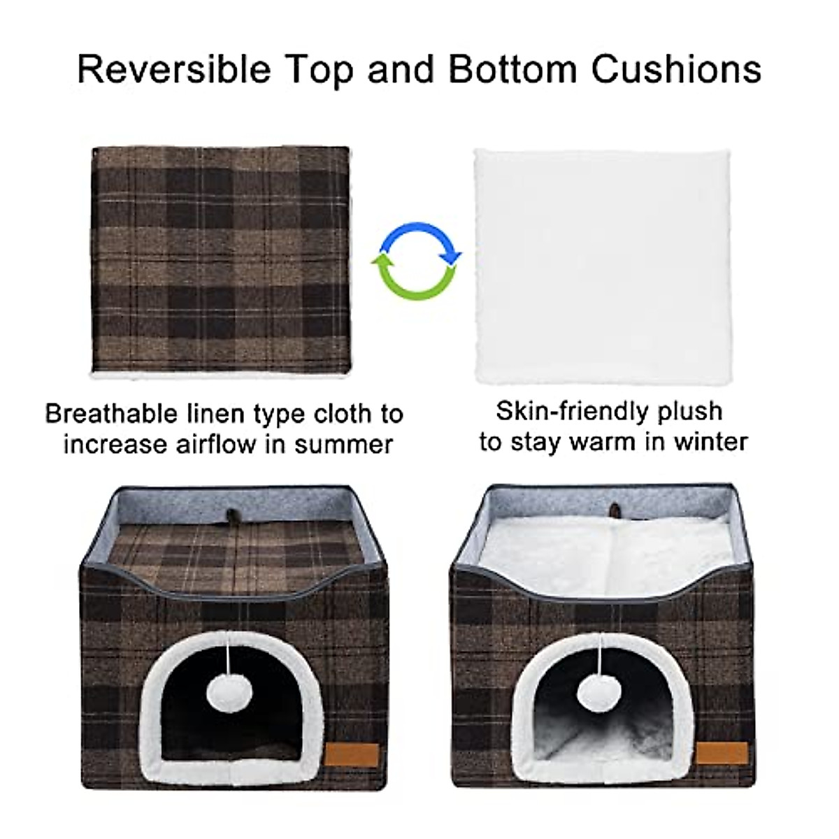 Cat Bed for Indoor Cats, Cat House with Durable Scratching Board and Dangling Toy Ball, Foldable Cat Condo with Reversible Cushions and Large Opening (Coffee)