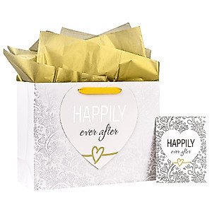 MAYPLUSS 16" Large Gift Bag with Greeting Card and Tissue Paper for Wedding - Silver Design