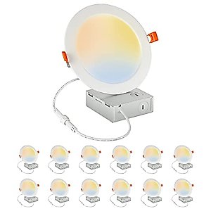 EDISHINE 12Pack 6 inch LED Recessed Light with Junction Box, 5CCT 2700K/3000K/3500K/4000K/5000K Dimmable Ultra-Thin Canless LED Recessed Light, 14W 1050LM CRI80 Recessed Light Fixtures, UL Listed