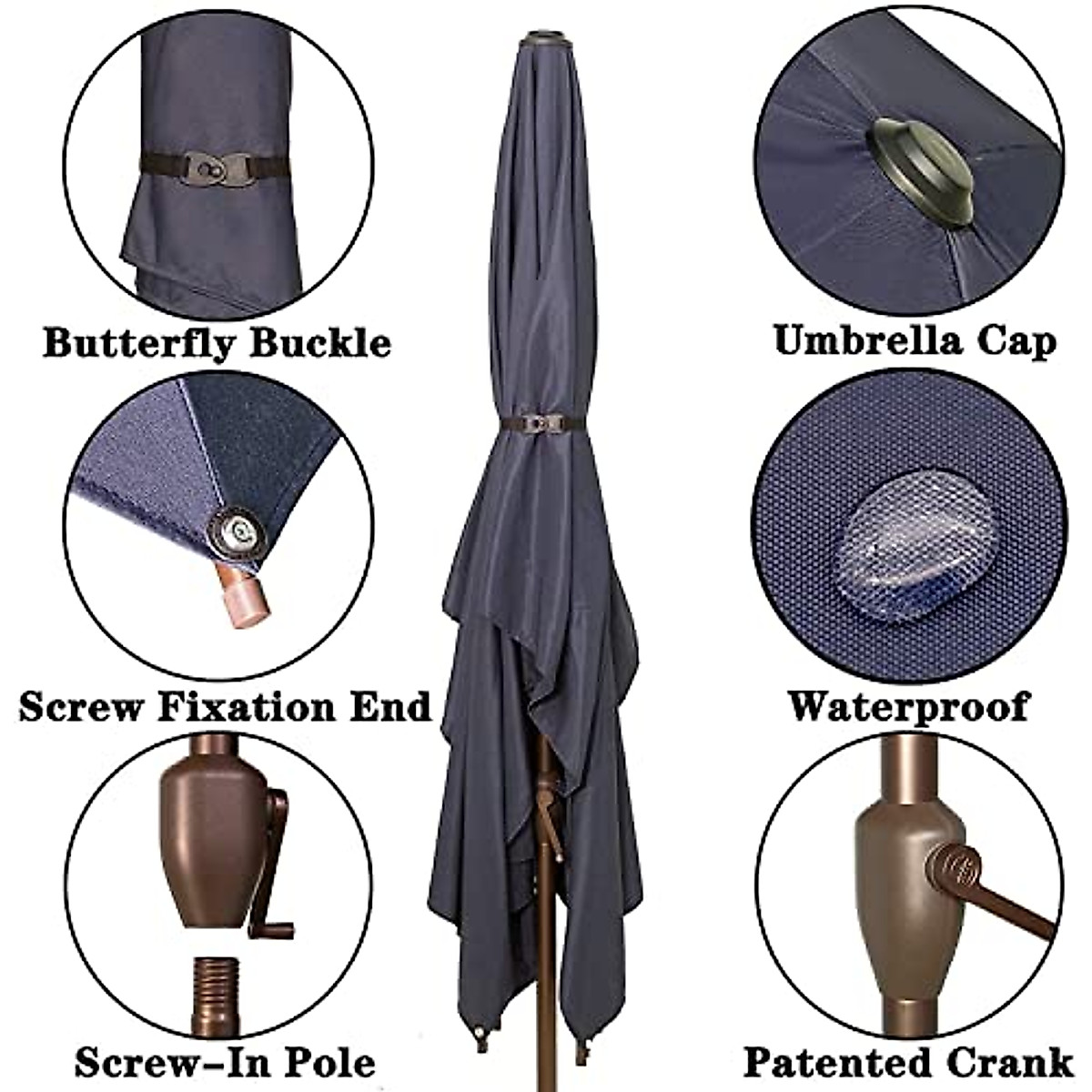 NOWENSOL Patio Umbrella Rectangular Outdoor Table Umbrella with Crank & Push Button Tilt for Terrace, Backyard, Garden, Courtyard, Swimming Pool, Lawn, 6.5x10ft (Navy Blue)