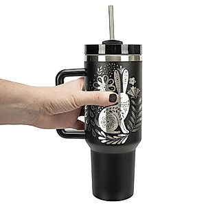 Elanze Designs Woodland Bunny Rabbit Flower Garden 40 oz. Stainless Steel, Large Water Bottle Coffee Mug, Spill & Leak Resistant, Thermal Travel Tumbler with Handle, Lid & Straw, Black