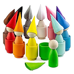 Ulanik Large Peg Dolls in Cups with Hats Toddler Montessori Toys for 3 Year Old + Wooden Waldorf Dolls for Learning Color Sorting and Counting — 12 Gnomes