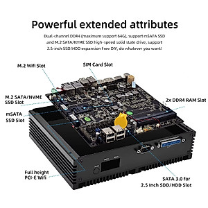 Fanless Mini Desktop PC, Core i7-8550U, Fanless PC Windows 11, 16GB DDR4 RAM 1TB SSD Triple Display HDMI, DP, EDP, Dual Gigabit Ethernet, 4USB2.0, 4USB3.0, 6RS232 COM, LPT port, Dual Band WiFi, BT4.2