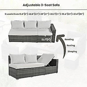 BIADNBZ 6-Piece Outdoor Furniture Set with Dining Table, Adjustable Seat and Storage Box, All Weather PE Rattan Patio Conversation Sofa L-Shaped Couch for Garden Lawn, Grey Wicker+Beige Cushion