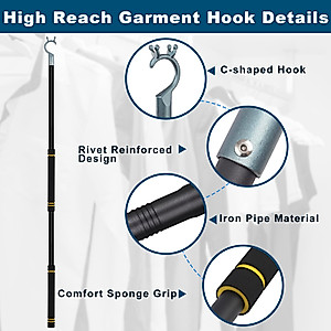 Greeily High Reach Garment Hook, 31" to 61" Clothing Hook Pole for Hanging Clothes Closet Bird Feeder Flowerpot Plants and Christmas Light Adjustment Sturdy with Sponge Handle (Dark Green Head)