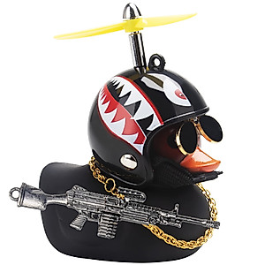 wonuu Rubber Duck Car Ornaments Pink Duck Car Dashboard Decorations Set with Propeller Helmet, Sunglasses, and Gold Chain. (T-Shark-Black G)