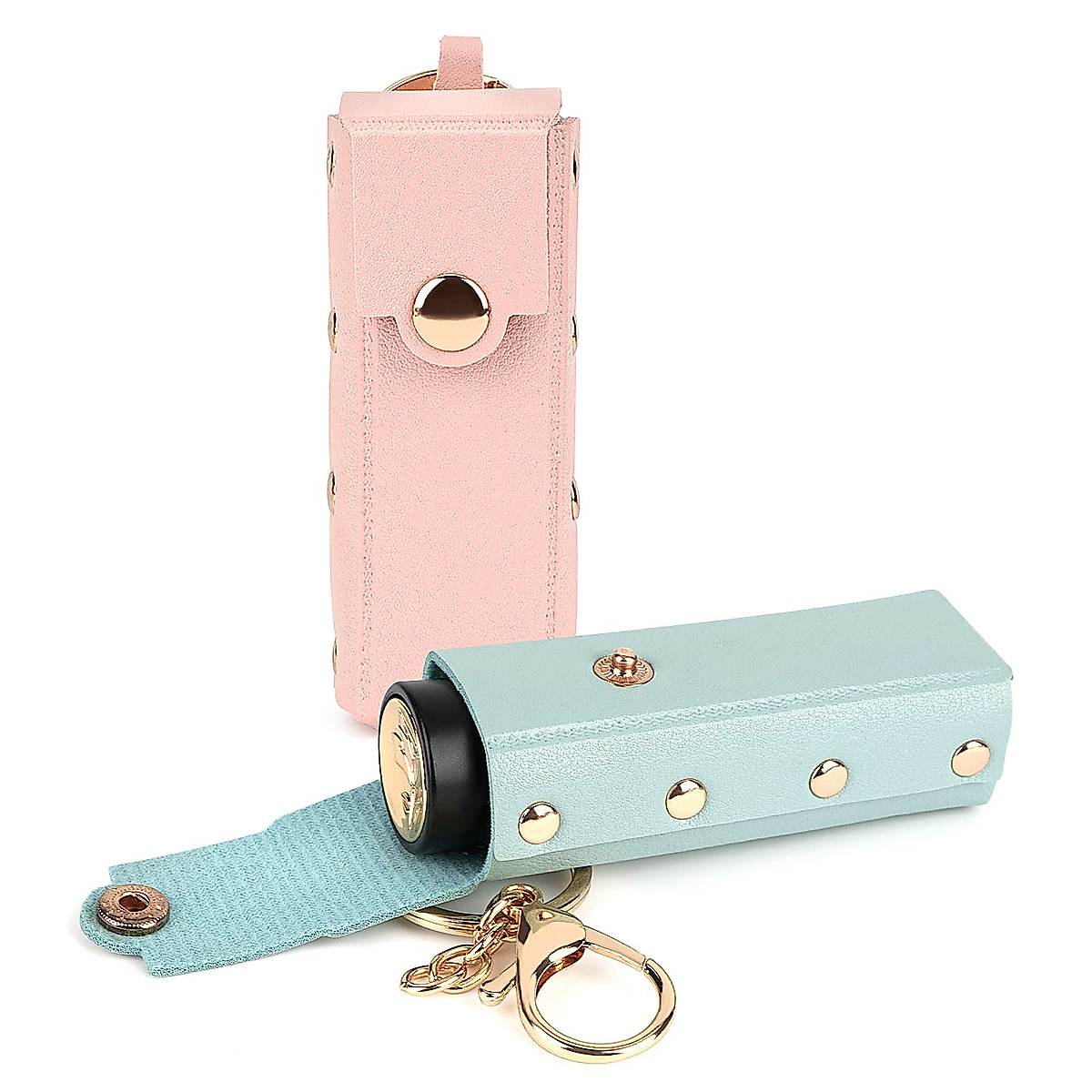 Adorila 2 Pack Lipstick Case Keychain, Soft Leather Chapstick Holder for Women, Potable Clip-on Sleeve Lipstick Pouch (Green & Pink)