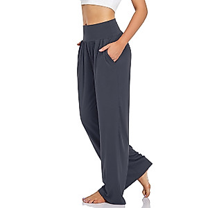 UEU Women's Wide Leg Comfy Yoga Pants High Waisted Casual Loose Fit Ladies Sweatpants Lounge Sports Athletic Pants with Pockets(Darkgray,L)