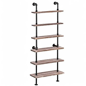 Danya B GH086 Industrial Decor - Modern Rustic 6-Tier Iron Pipe Wall Mount Ladder Shelving Unit in Distressed Wood Finish – Rustic Wood Bookshelf