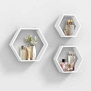 AHDECOR Wall Mounted Hexagon Floating Shelves, Wooden Wall Organizer Hanging Shelf for Home Decor, Set of 3, White