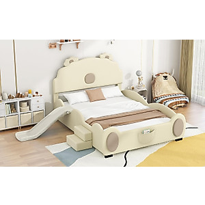 Harper & Bright Designs Full Size upholstered Platform Bed Frame for Boys Girls Kids Adults Toddler with Piglet Shape headboard and Children's Slide, Beige