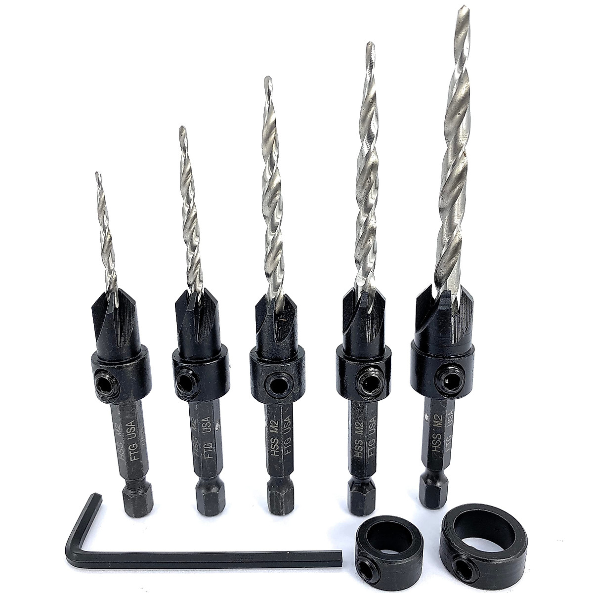 FTG USA Wood Countersink Drill Bit Set 5 Pc Countersink Drill Bit #4#6#8#10#12 Countersink Bit for Woodworking