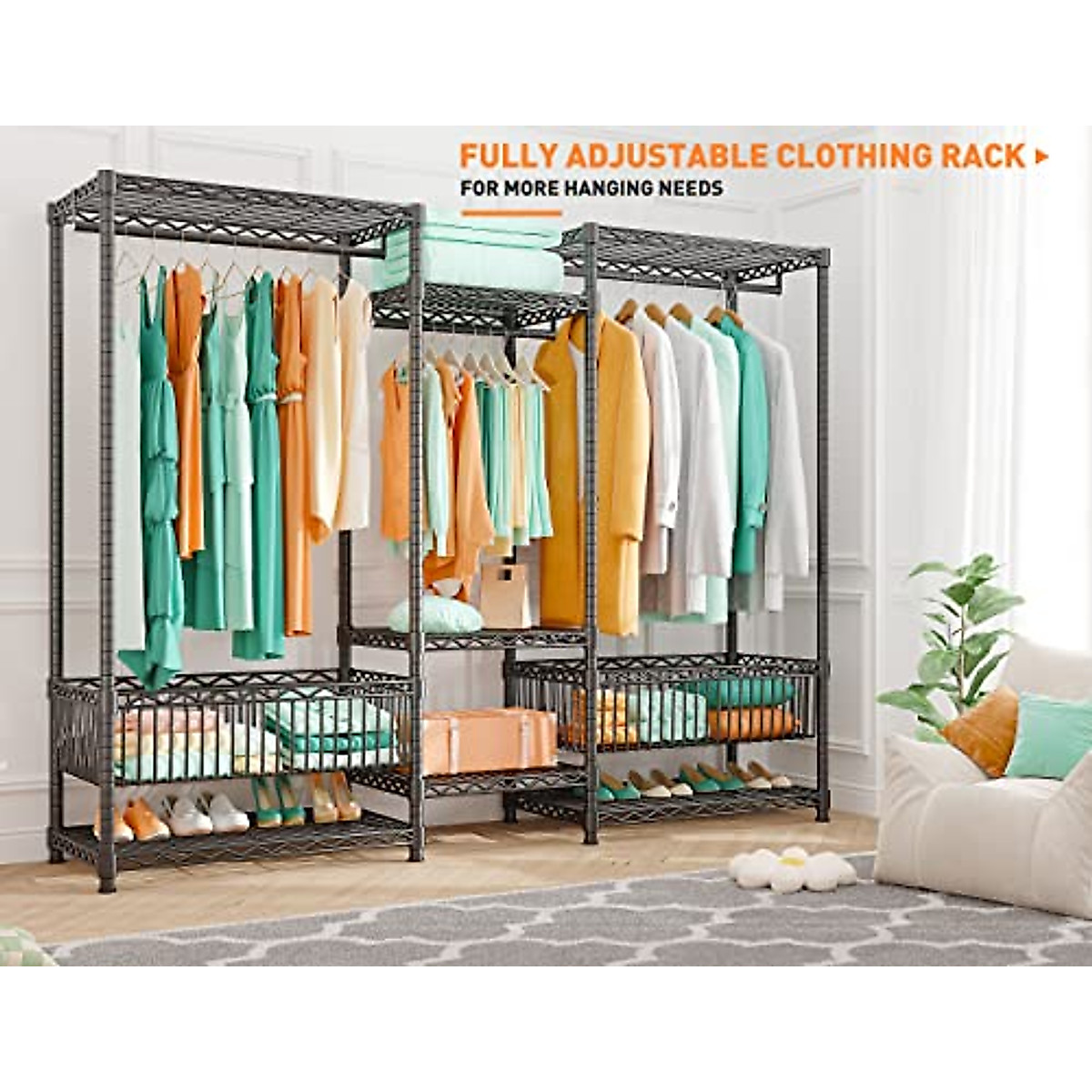 Raybee 77" H Clothes Rack Heavy Duty Clothing Racks for Hanging Clothes with Basket Drawers Load 850 LBS 75" Wide Large Clothes Rack with Shelves Adjustable Wire Garment Rack Free Standing Closet