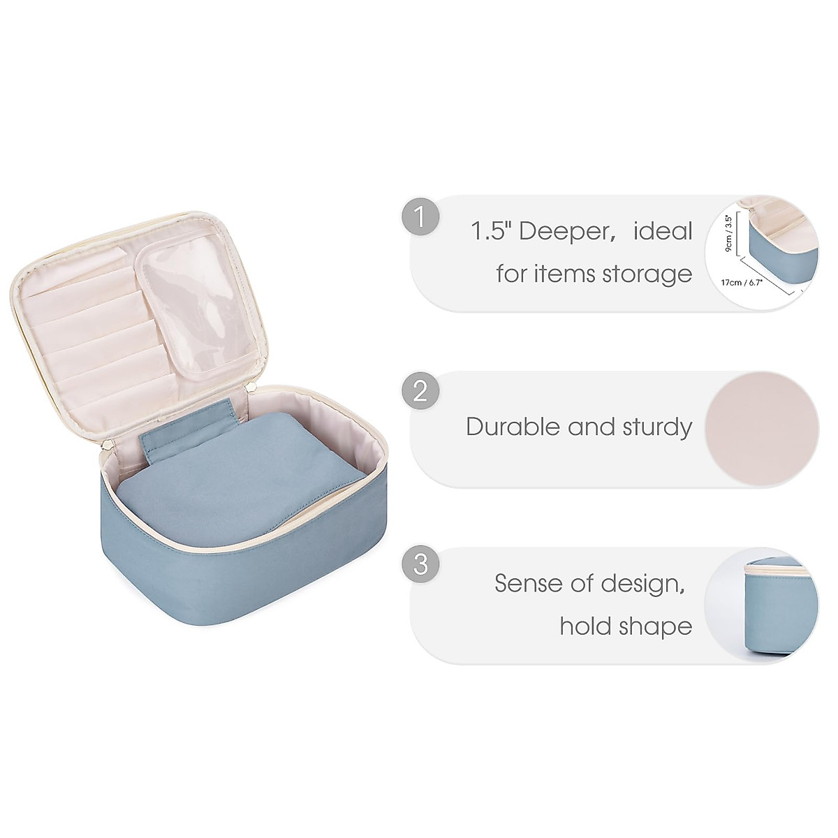 Narwey Travel Makeup Bag with Brush Compartments，Portable Cosmetic Bag，Make up Bag Makeup Organizer Case with Brush Storage for Women (Greyish Blue-1)