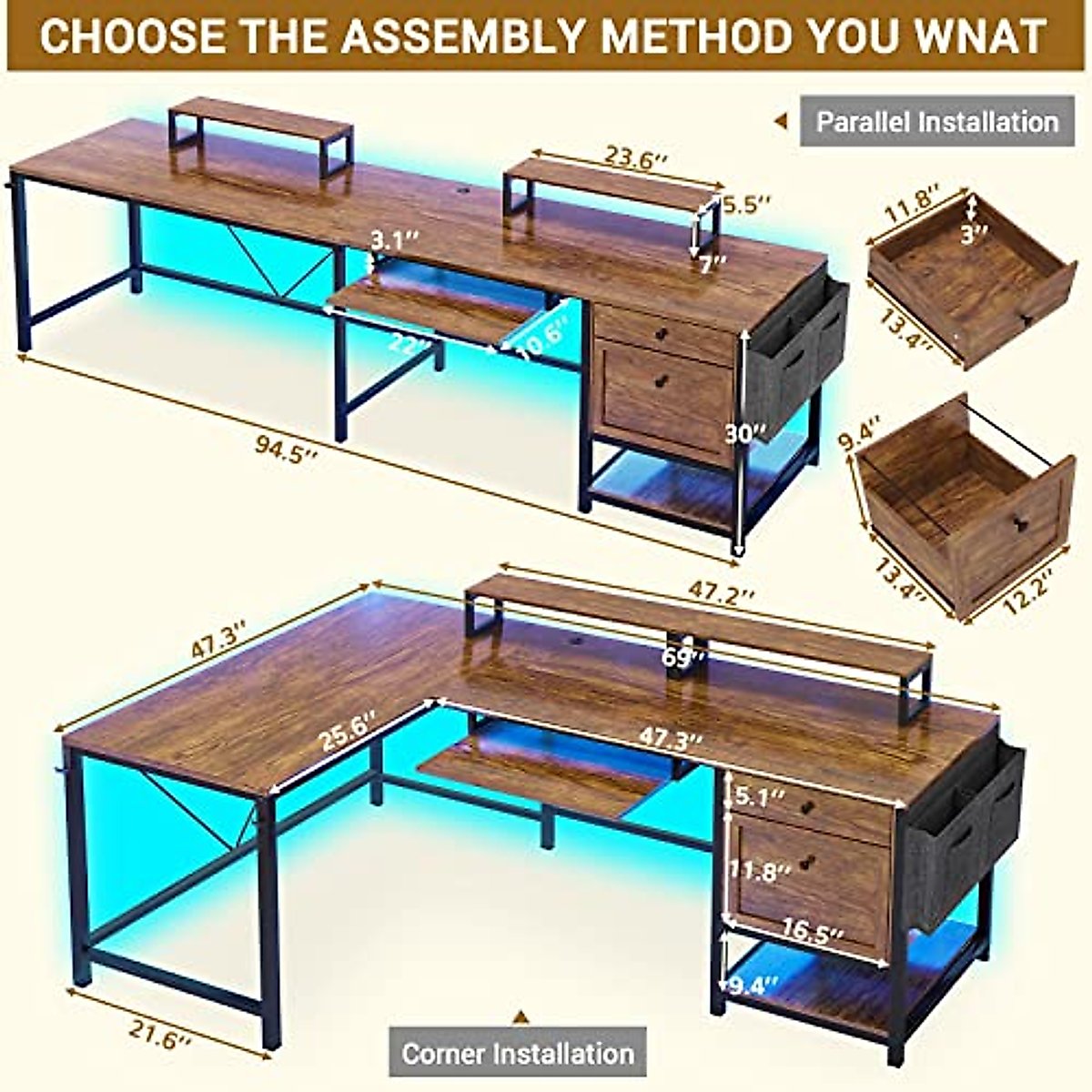 SEDETA 69" L Shaped Gaming Desk, Convertible L Office Desk to Long Computer Desk, Gaming Desk with LED Lights, Corner Desk with File Drawers & Keyboard Tray for Home Office, Rustic Brown