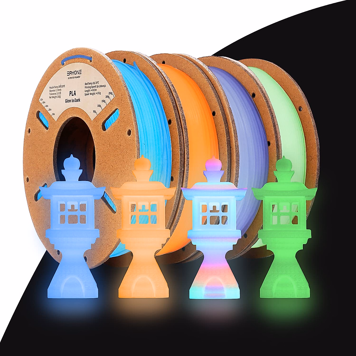 ERYONE Glow in The Dark Filament PLA 1.75mm +/-0.03mm, 250g*4 Pack/Spool, Glow Rainbow/Glow Blue/Glow Orange Yellow/Glow Green