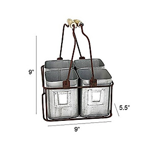 Benjara Galvanized Metal Four Tin Storage Organizer with Movable Wooden Handle, Gray