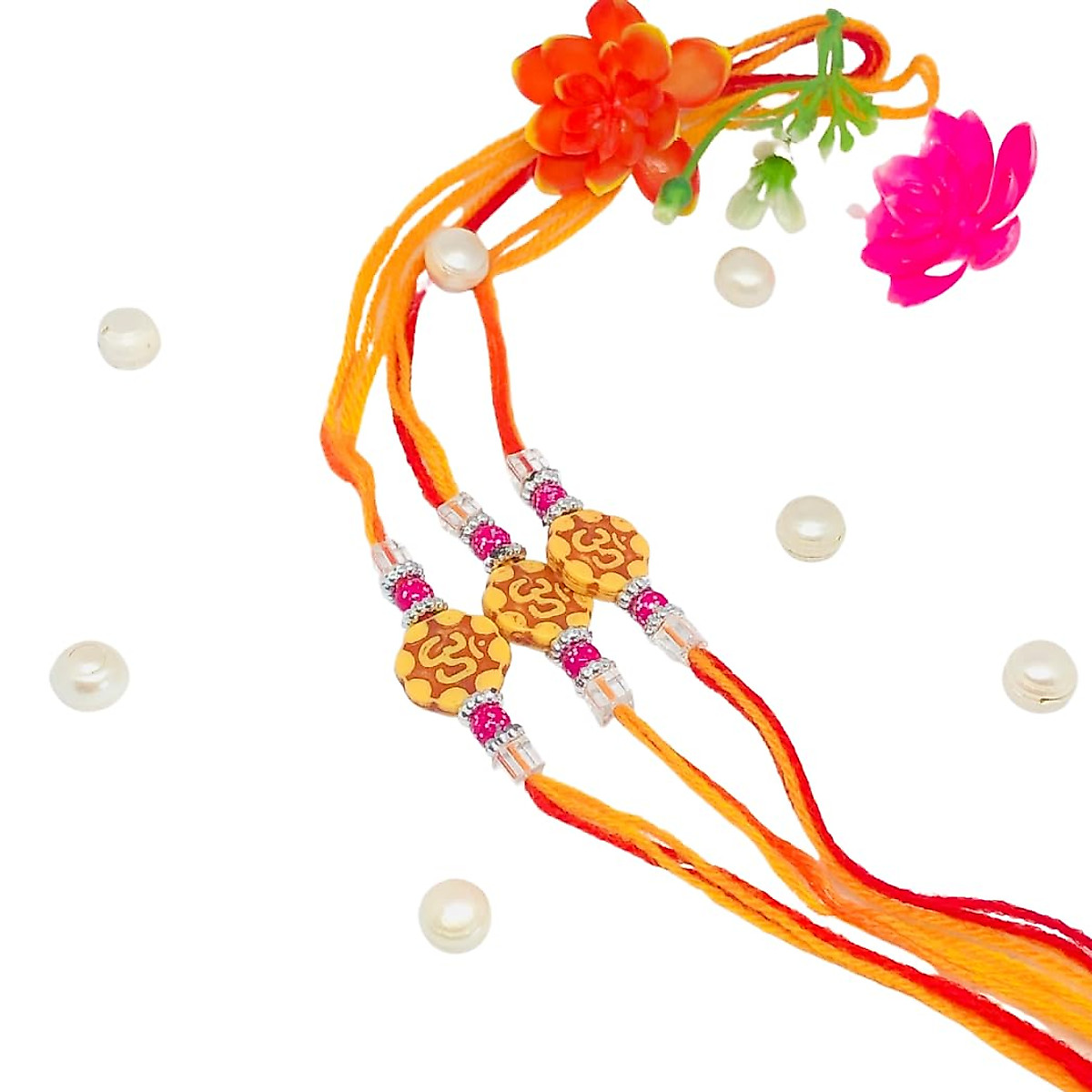 JAGMOR Om Pendant & Pink Beads Rakhi for Brother, Handmade Rakhi, Rakhee Bracelet for Brother, Rakhi for Bhai, Rakhi Bracelet for Sister, Bhaiya Bhabhi Rakhi, Indian Rakhi, Set of 3 rakhi