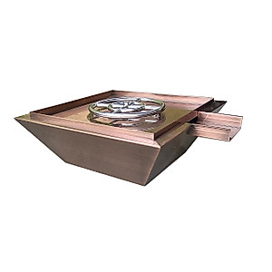 18" 24" Stainless Steel or Rustic Black Square Fire Pit Bowl Pot w/Waterfall Column (24" Fire Pit w/Waterfall, Copper Cladded)