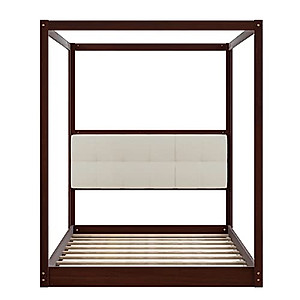 HAUSHECK Queen Size Canopy Bed with Upholstered Headboard, Four-Poster Queen Canopy Platform Bed Frame, Wood Floor Bed Frame with Sturdy Wooden Slatted Structure, No Box Spring Needed, Easy Assembly