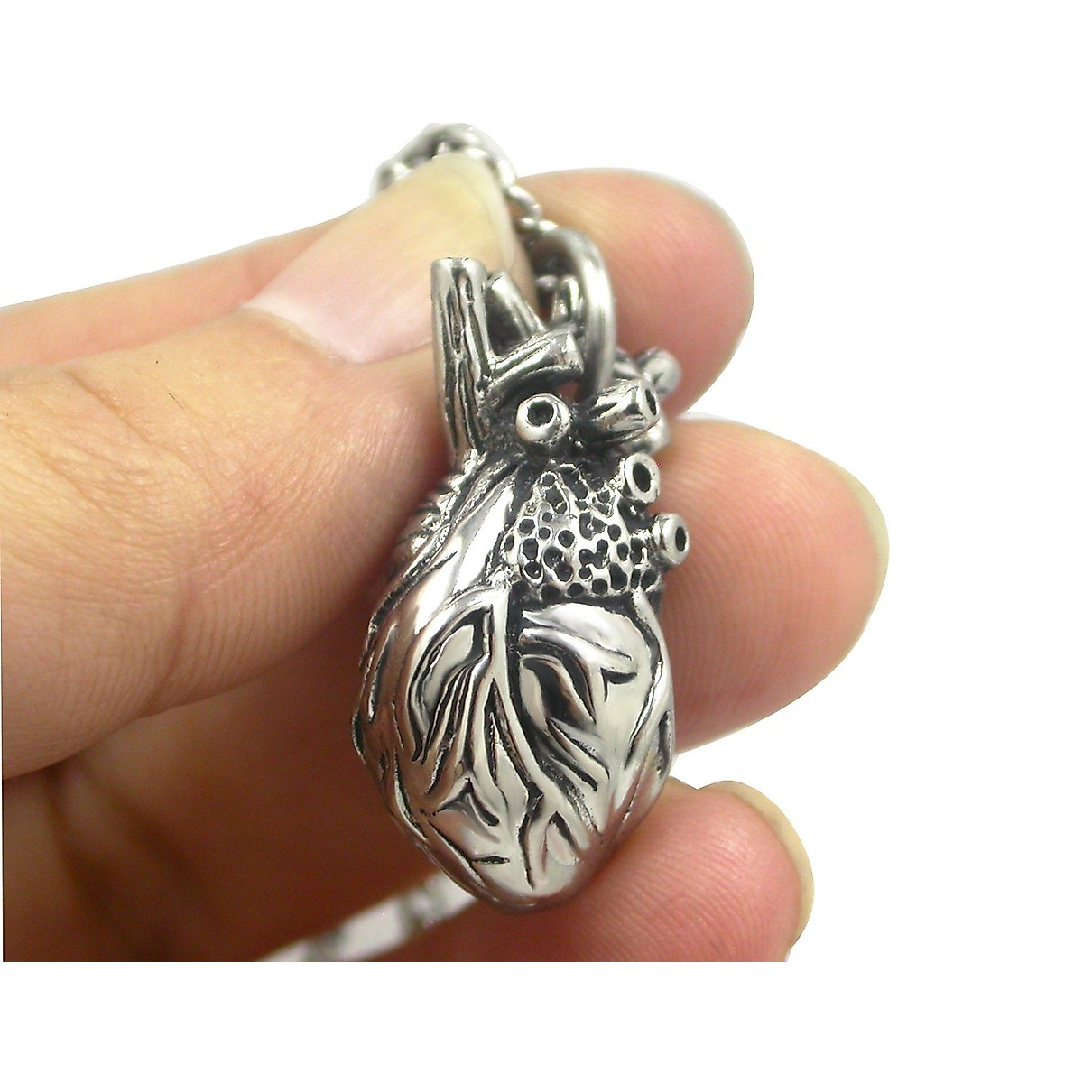 Pearlina Anatomical Heart Necklace Man or Woman 3D Pendant Oxidized Antique-Finish Stainless Steel, 24"