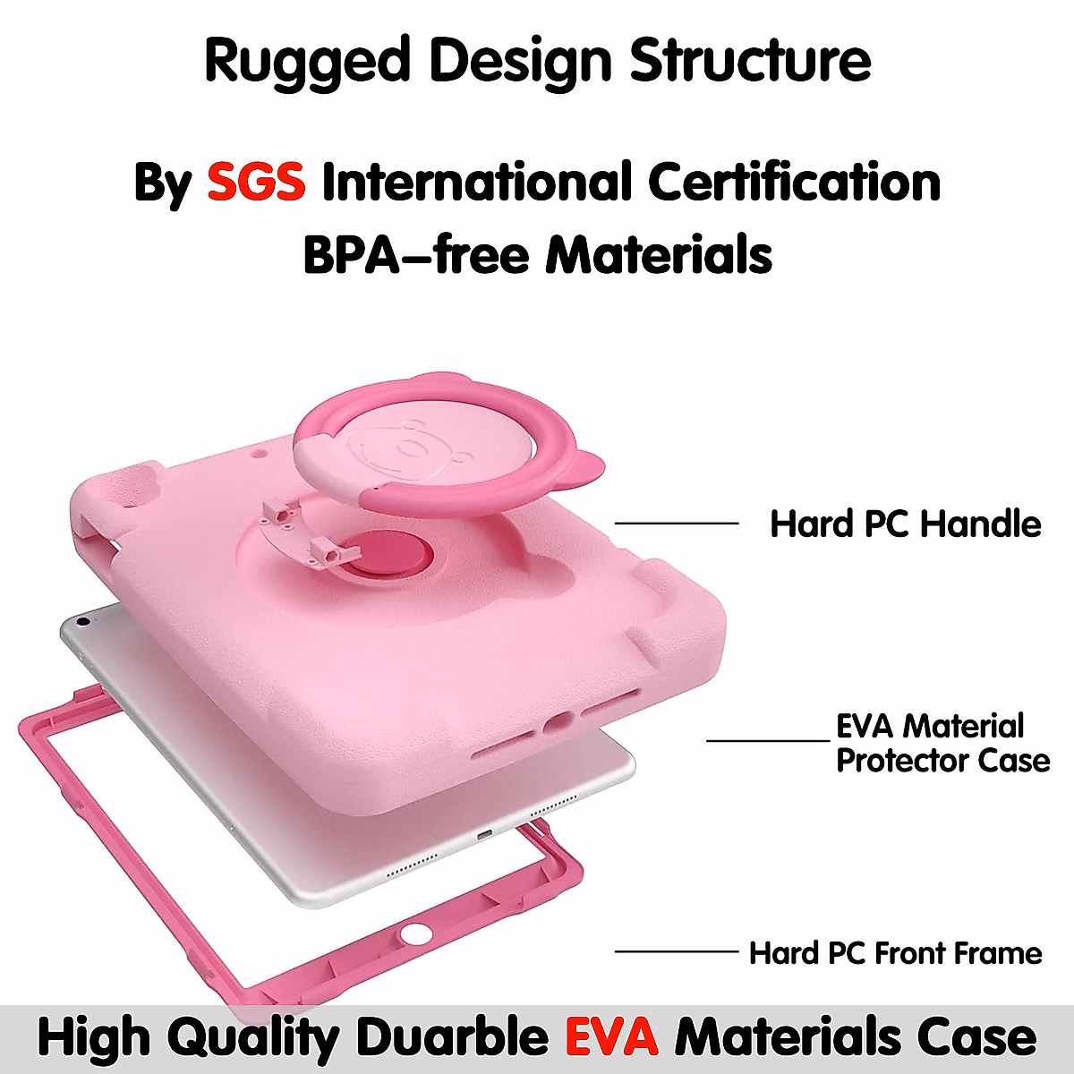 PZOZ iPad Kids Case Compatible for Apple iPad Air 1/2 / 6th Generation 2018 / 5th Gen 2017 9.7 inch, EVA Shockproof Rotate Handle Folding Stand Heavy Duty Protective Cute Cover for Boys Girls (Pink)