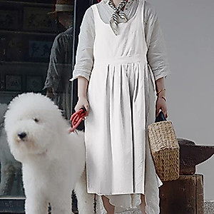 losofar Women Girls Vintage Pleated Split Apron V Neck Gardening Works Cotton Overall Smock Pinafore Dress (white, 40" L)