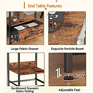 Furologee Set of 2 Nightstand with Drawer, End Table with Storage Shelf, Industrial Side Sofa Table, Bedside Accent Furniture Metal Frame Easy Assembly for Living Room/Bedroom/Hallway, Rustic Brown