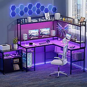 Unikito L Shaped Desk with Power Outlet, Reversible L-Shaped Computer Desk with Storage Shelves & Monitor Stand, Gaming Desk with Led Light, Black