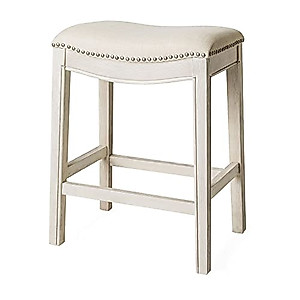 Maven Lane Adrien 26 Inch Counter Height Upholstered Backless Saddle Barstool in White Oak Finish with Natural Color Fabric Cushion Seat, Set of 2