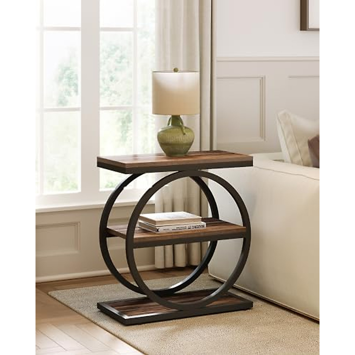 LITTLE TREE End Table, 3-Tier Side Table, Slim Sofa Side Table for Living Room, Tall Bedside Table Nightstand for Bedroom, Rustic Brown and Black