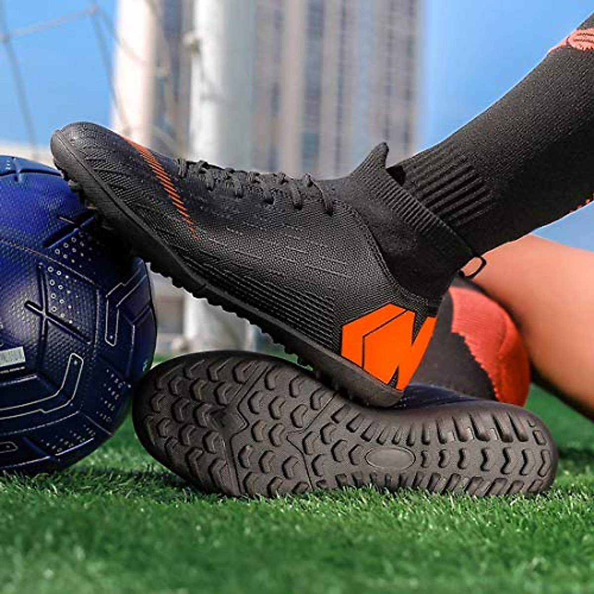 LIAOCX Men’s Soccer Boots Shoes TF/AG Athletic Sneaker Football Boots Cleats High-top Sock for Outdoor/Indoor/Competition/Training Black