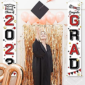 Bunny Chorus 2023 Graduation Party Decorations, Class of 2023 Congrats Grad Banner, Graduation Porch Sign with Gold Stars, Red and Black Hanging Banner Photo Props for Home School Graduation Party