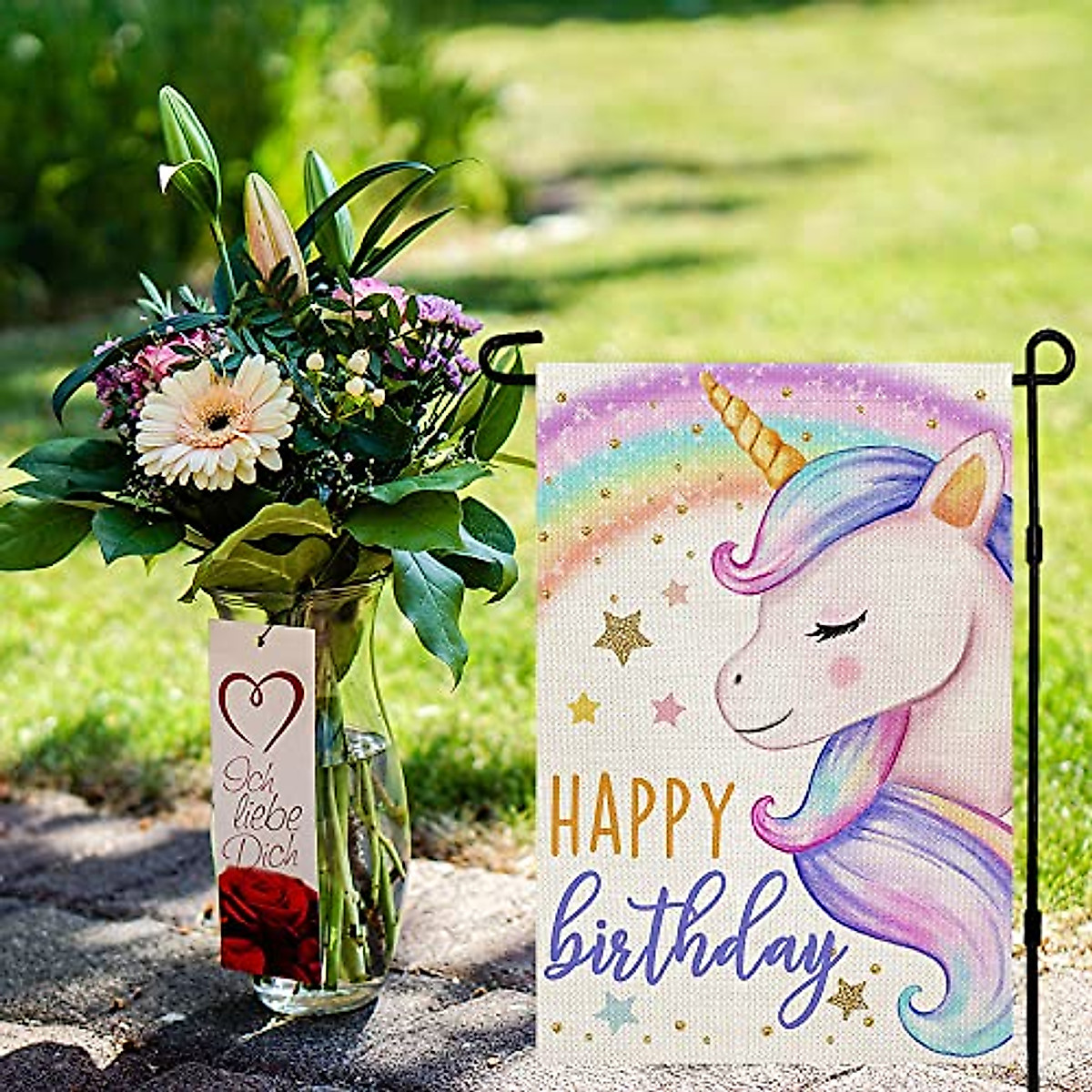 CROWNED BEAUTY Happy Birthday Garden Flag 12x18 Inch Double Sided Girl Unicorn Rainbow Outside Welcome Party Decoration Gift Yard Flag