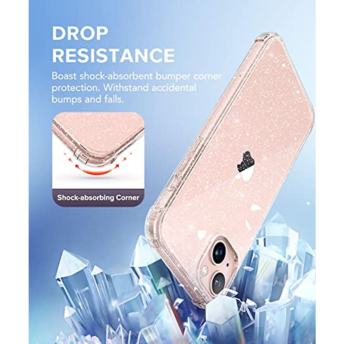 BERFY 5 in 1 for iPhone 13 Case Glitter, with 2X Screen Protector + 2X Camera Protector, [Not Yellowing] Sparkly Bling Shockproof Hard Back Slim Protective Phone Cover for Women, 6.1" (Glitter Clear)