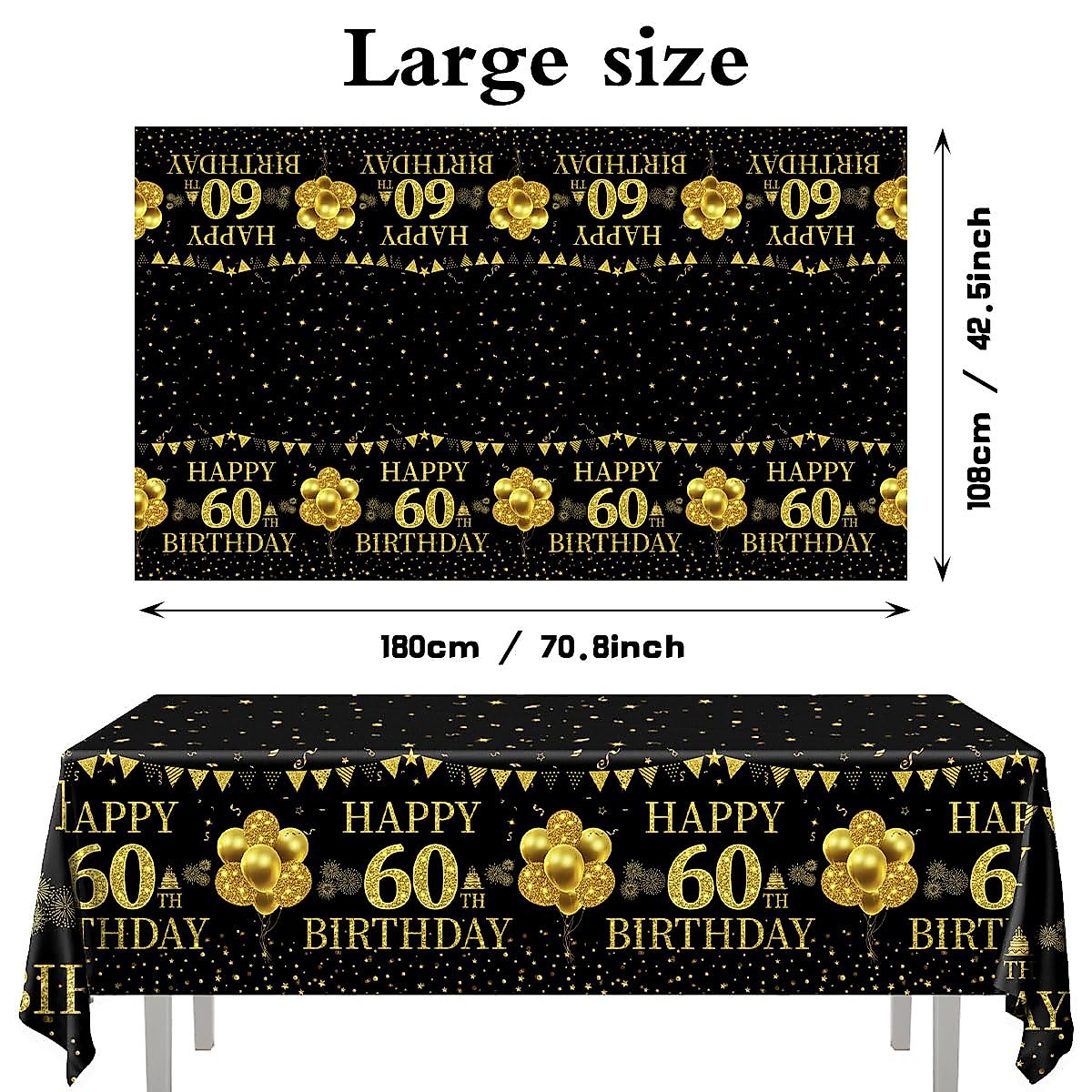 Pymurod 3Pcs 60th Birthday Tablecloth Decorations 60 Year Old Birthday Decorations Black Gold Happy 60 Birthday Table Cloth Rectangle Table Decorations 60th Birthday Party Favors